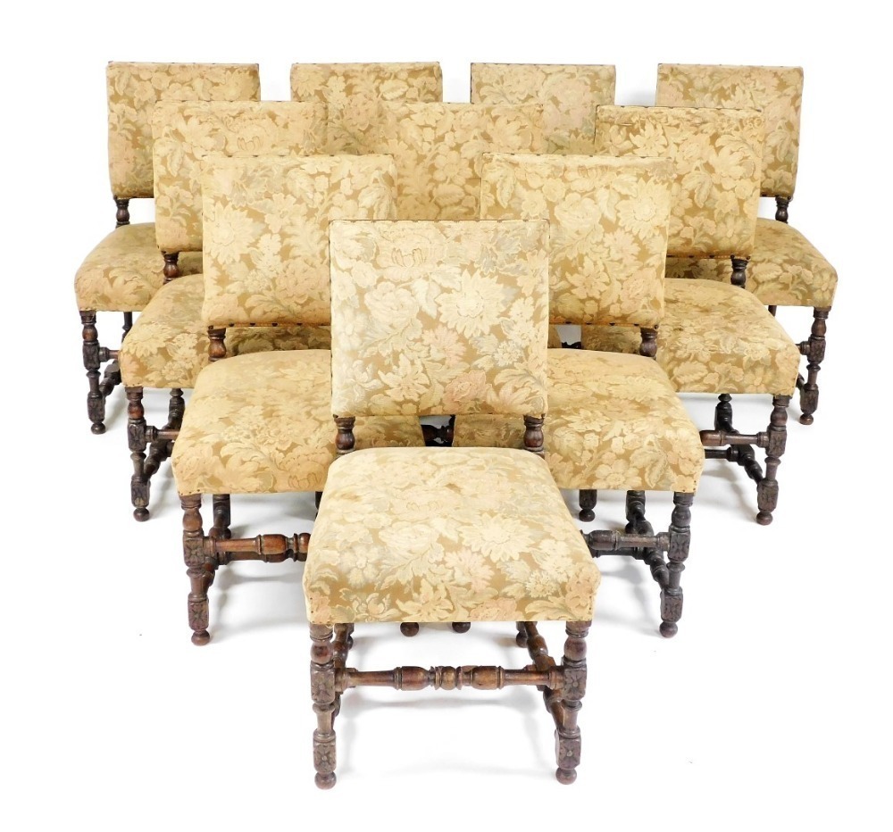 A set of ten 19thC Caroleon style oak single dining chairs, with ...