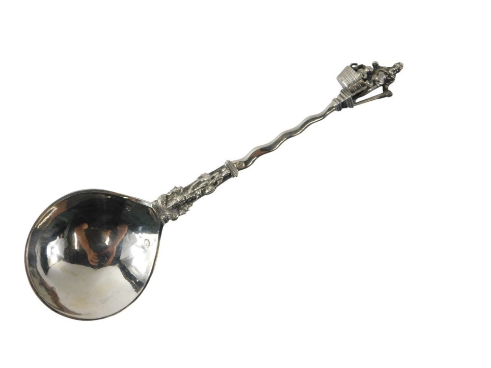 A 19thC continental silver apostle spoon, the top depicting figure with ...