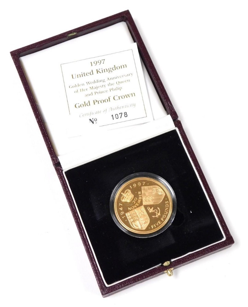 A 22ct gold five pound coin, 1997 United Kingdom Golden Wedding ...