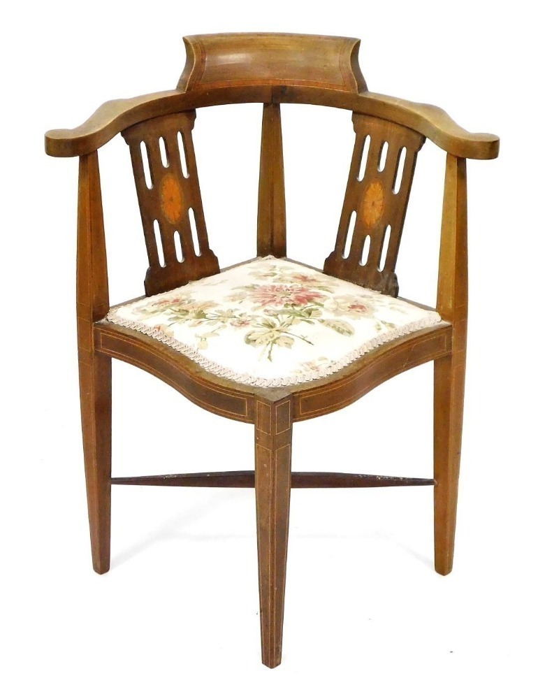 A late Victorian mahogany corner chair, with satinwood cross banding ...