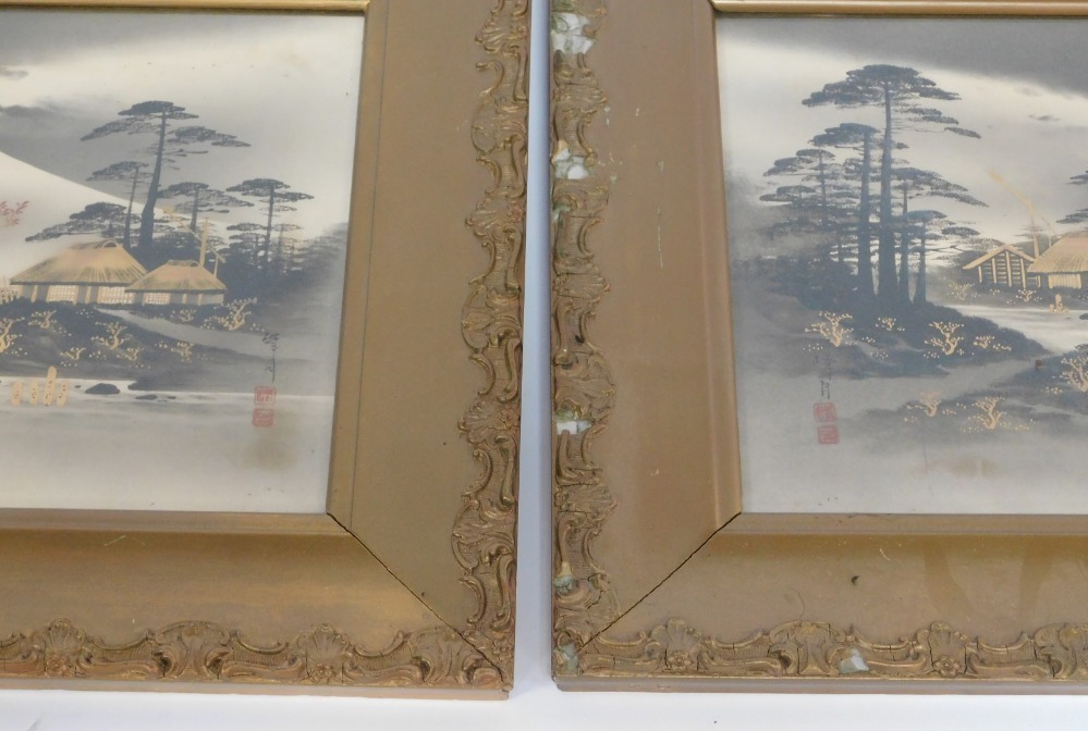 Two Japanese wood block prints, depicting houses before Mount Fuji, the ...
