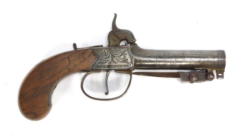 A 19thC Mabson Labron & Mabson percussion pistol, with scroll engraved ...
