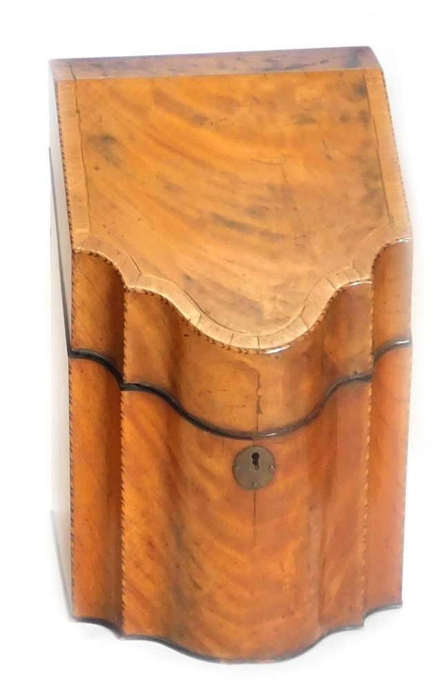 A George III figured mahogany and chequer banded slope top knife box ...