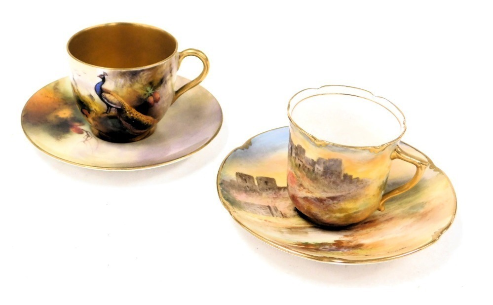 Two cabinet cups and saucers, one Royal Doulton, one Royal Worcester, Artist R .Austin.