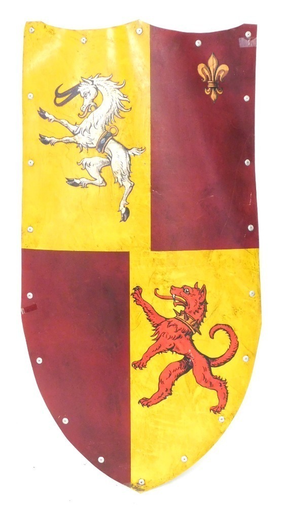 A reproduction shield, with heraldry, 118cm high, 63cm wide, shield ...