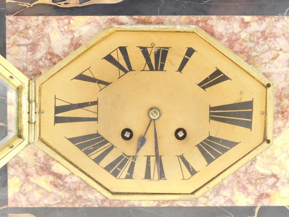 A French Art Deco purple and black variegated marble clock garniture ...