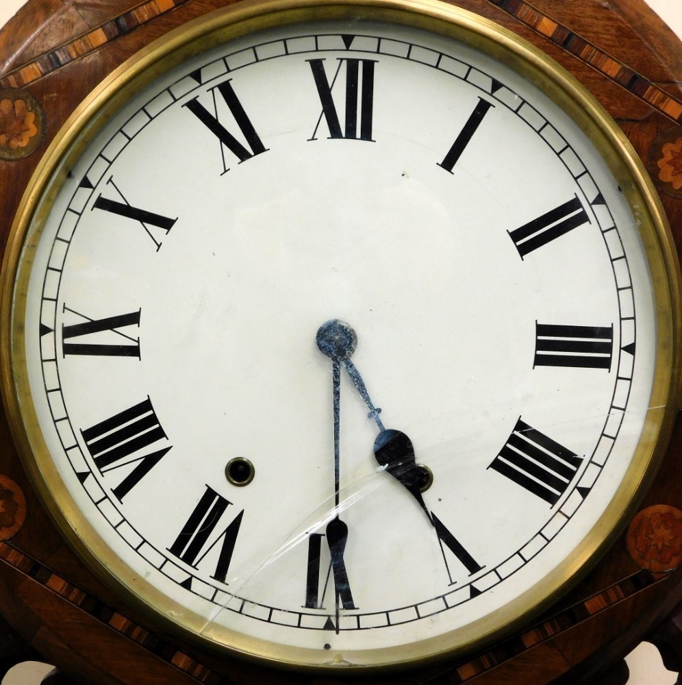 A late 19thC American walnut and inlaid drop dial wall clock, the ...