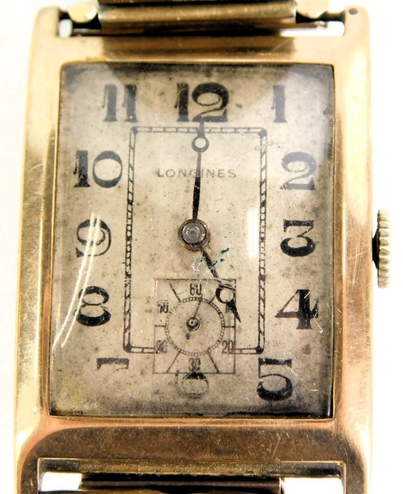 A Longines 9ct gold cased wristwatch head, of rectangular design, with ...