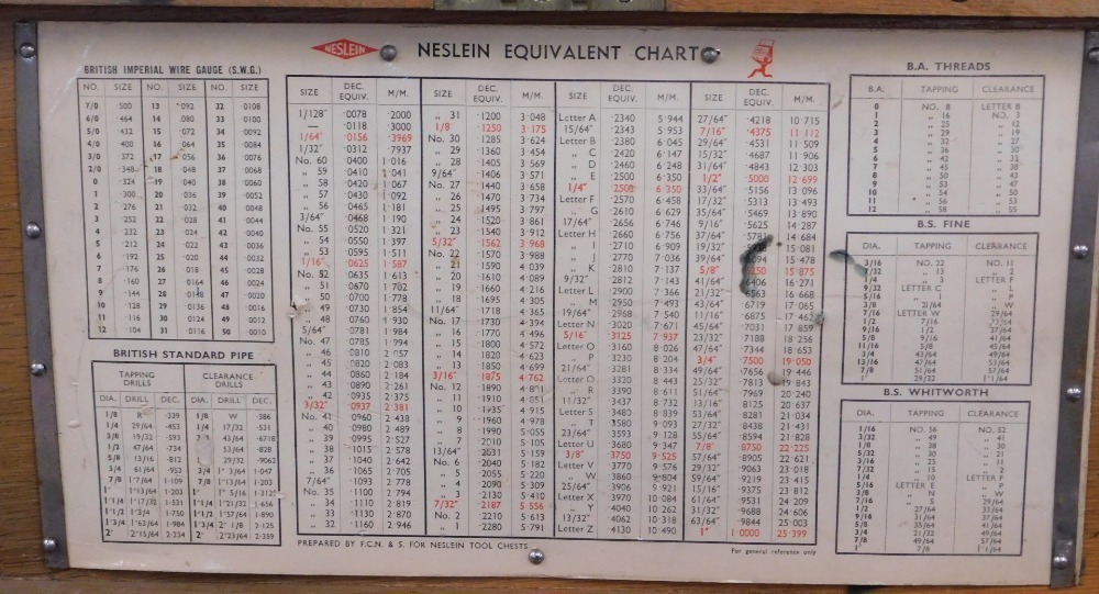 A Neslein oak portable tool chest, fitted with numerous shallow drawers ...
