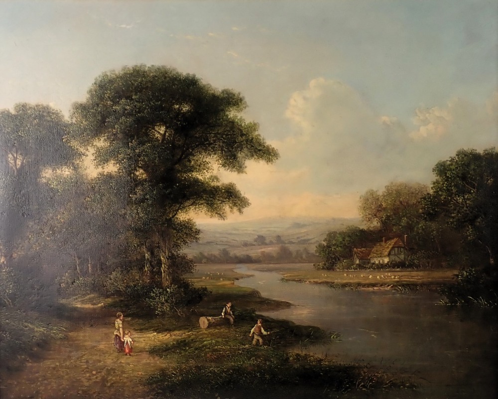 George Walter Williams (1834-1906). River landscape with figures, oil ...