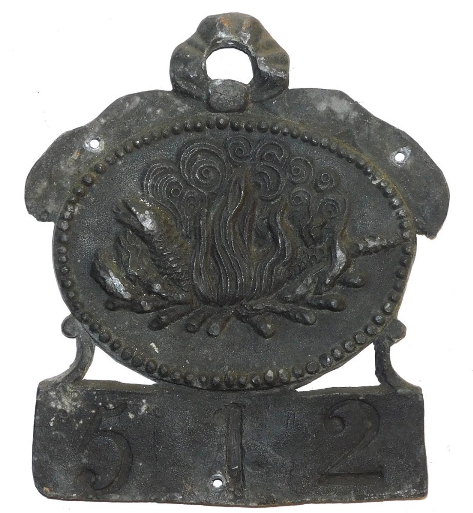 A fire mark for Salamander, lead, (Addis Ref 26A(i)), policy number 512.