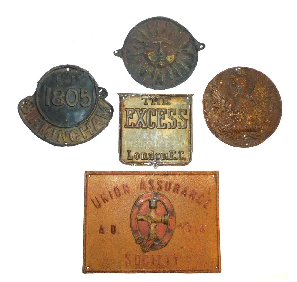 Five various fire marks, for Phoenix, tin, (Addis Ref 23C), Sun, tin ...