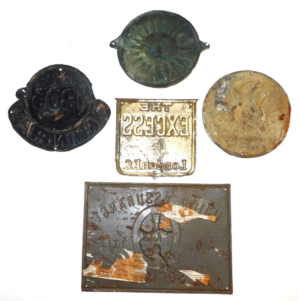 Five various fire marks, for Phoenix, tin, (Addis Ref 23C), Sun, tin ...