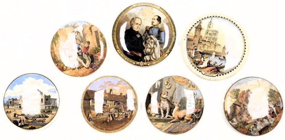 Seven 19thC Pratt ware pot lids, including Contrast, Lord Raglan and ...