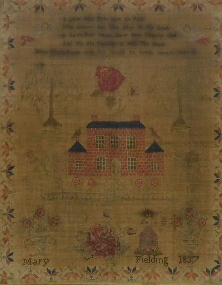 A Victorian sampler, by Mary Fielding 1837, showing a house, figures ...