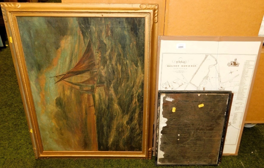 A map plan of Melton Mowbray, two oil on canvases of a sailing ships ...