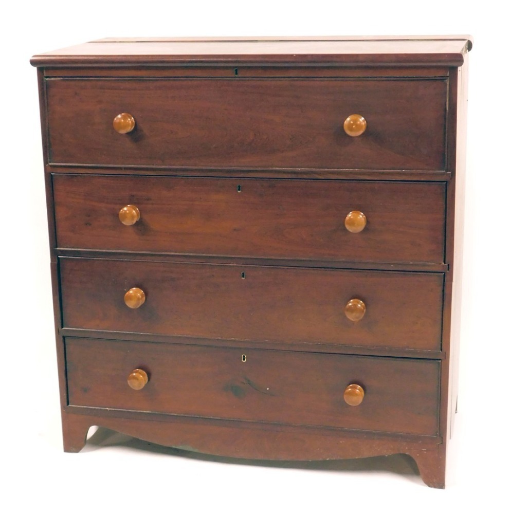 A 19thC mahogany linen chest, of three drawers, the upper compartment ...