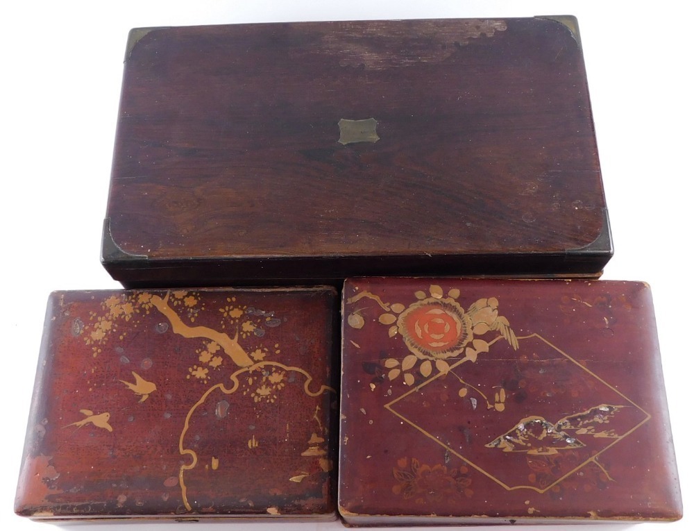 19thC boxes, comprising two red lacquer and painted storage boxes, and ...