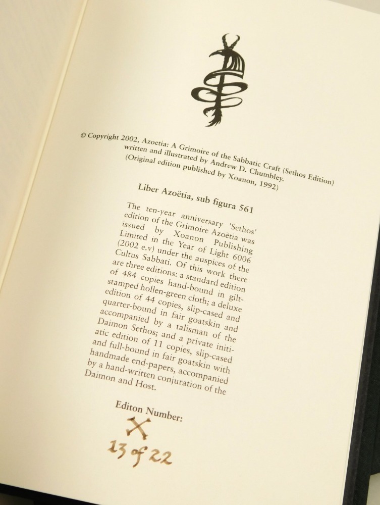 Chumbley (Andrew D). Azoetia, A Grimoire of the Sabbatic Craft, the ...