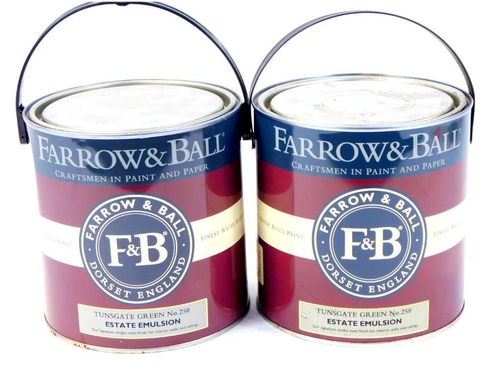 Two tins of Farrow & Ball estate emulsion paint, Tunsgate Green number ...