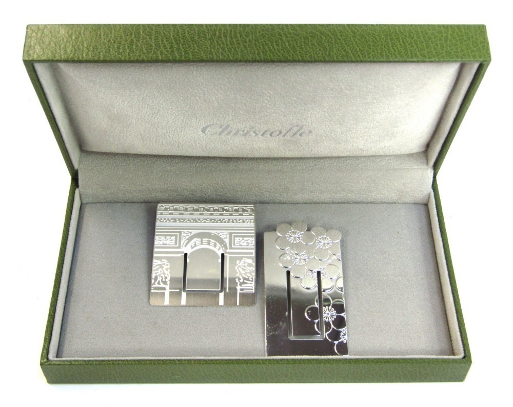 Two Christofle silver plated bookmarks, comprising one of flower design ...