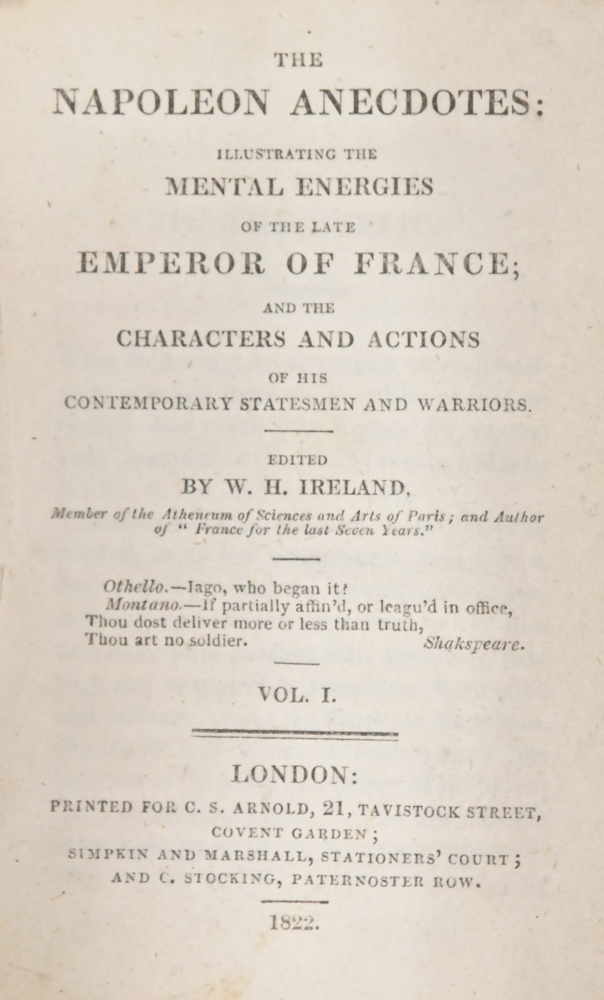 Withdrawn pre-sale. Ireland (W.H). The Napoleon Anecdotes, published ...