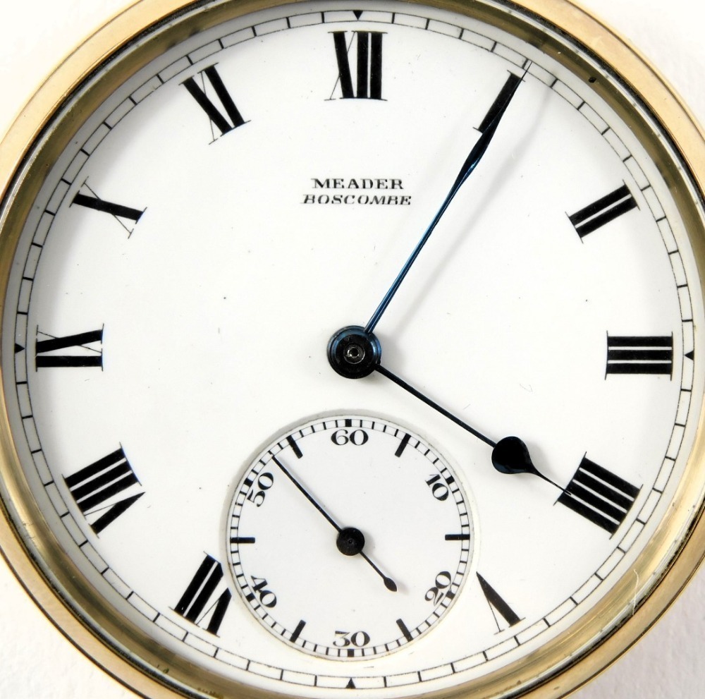 A Meader of Boscombe 9ct gold cased pocket watch, with white enamel ...