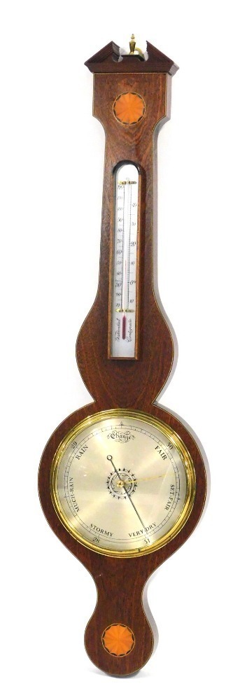 A Rapport oak cased and inlaid banjo barometer, with satinwood paterae ...