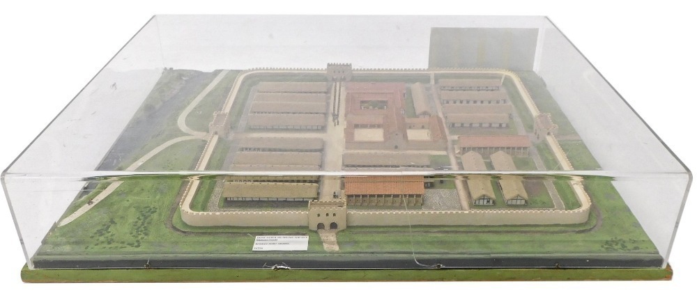 A diorama model of a Roman fort, showing buildings, landscaping, etc ...