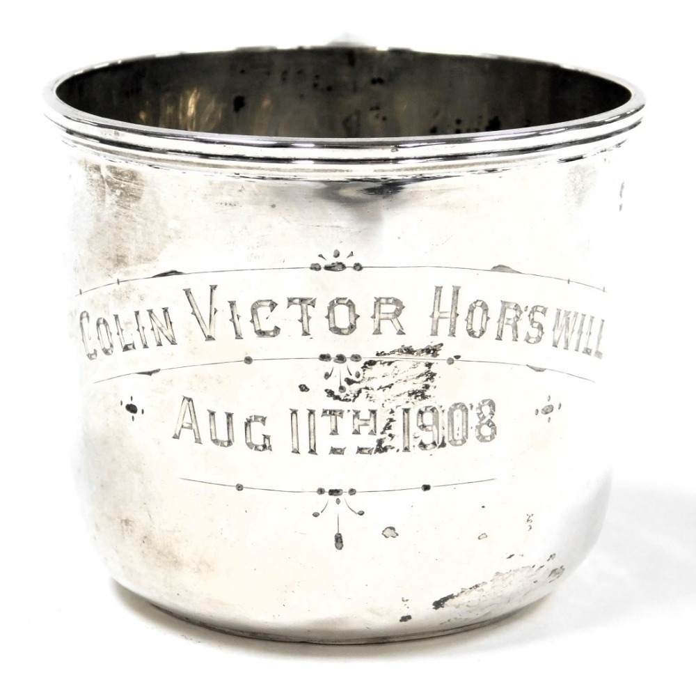An Edward VII silver cup, engraved to Colin Victor Horswill, Aug 11th ...