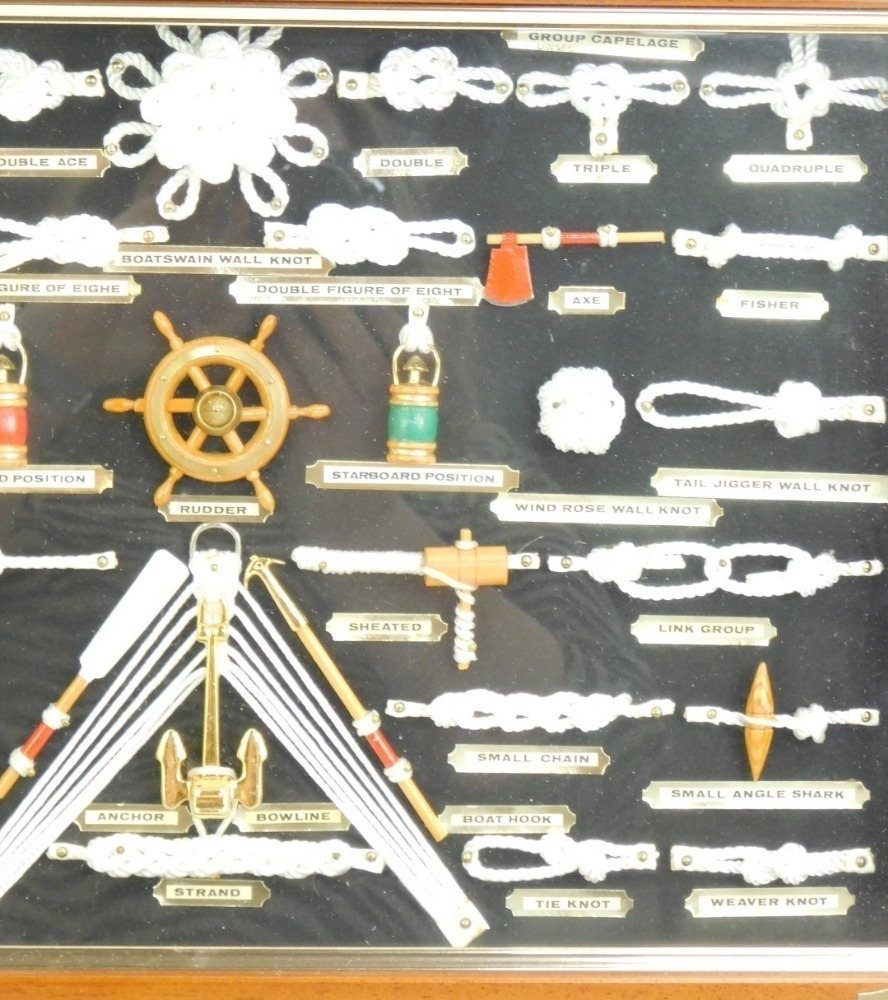Maritime interest. A framed display depicting various knots, components ...