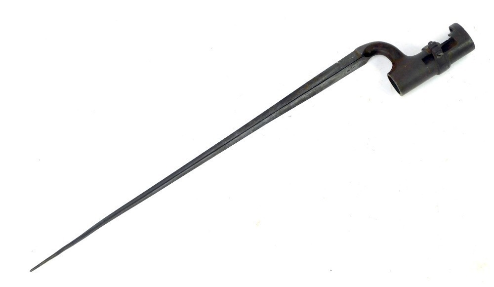 A British Enfield socket bayonet, with triangular blade marked WD, with ...