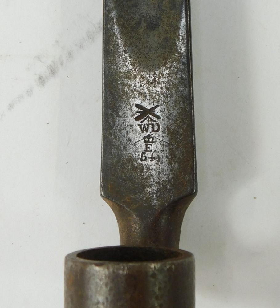 A British Enfield socket bayonet, with triangular blade marked WD, with ...
