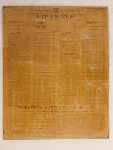 Two factory protocol posters, comprising Factories Act 1937, mounted on ...