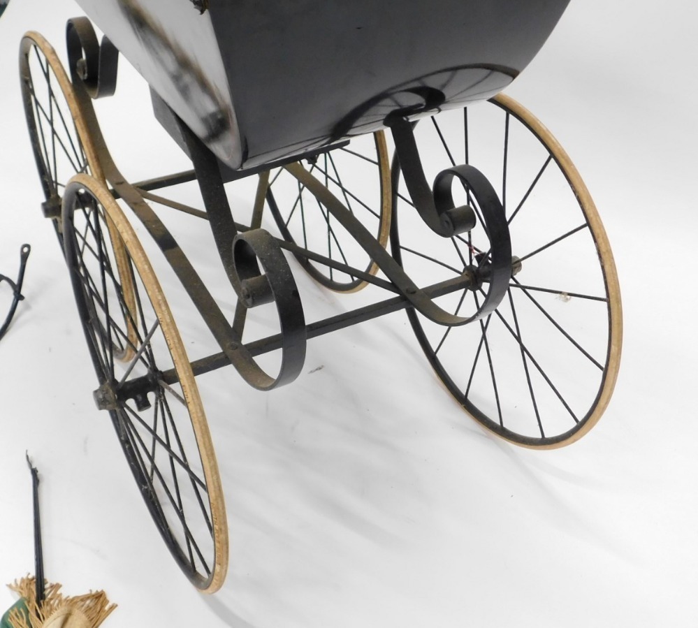 A coach built child's pram, with black metal sides, EPVC black hood ...