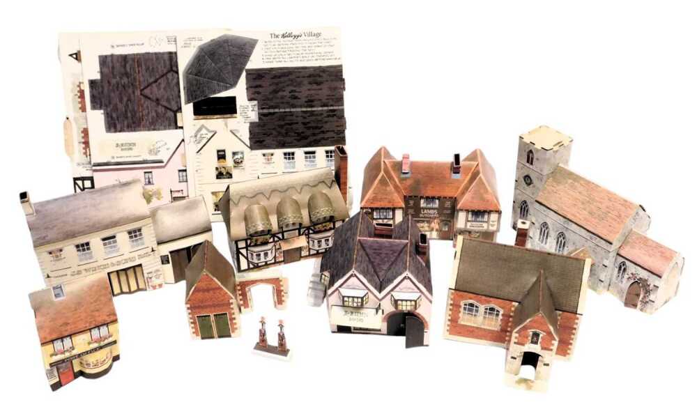 A group of Kellogg's cardboard scale model buildings. (1 box)