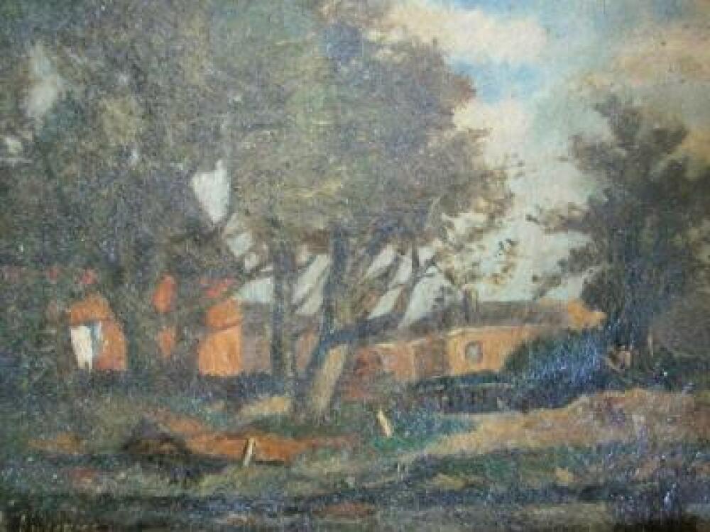 J Aussems (b.1950). River landscape with village in background