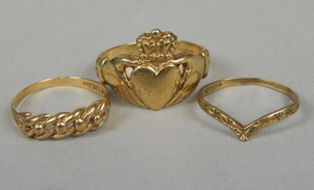 Three 9ct gold dress rings