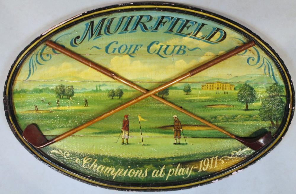 A reproduction painted wooden Muirfield golf club sign