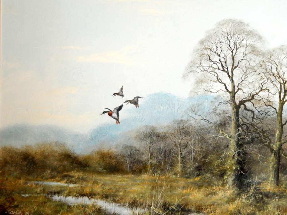 Caesar Smith. Woodland landscape with mallards in flight