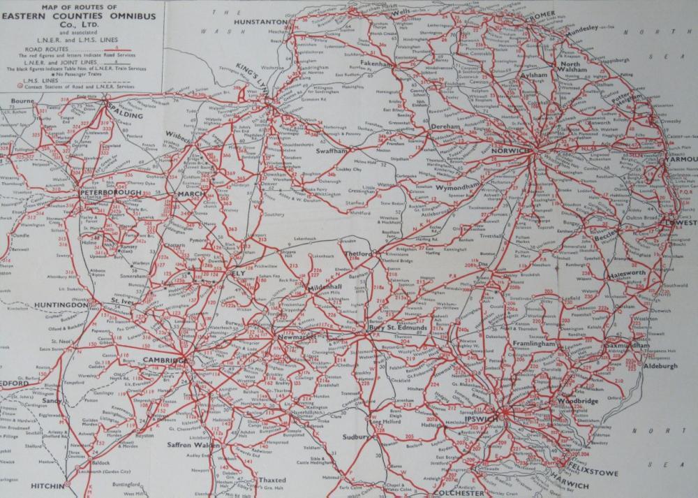 A map of routes of the Eastern Counties Omnibus Co Ltd