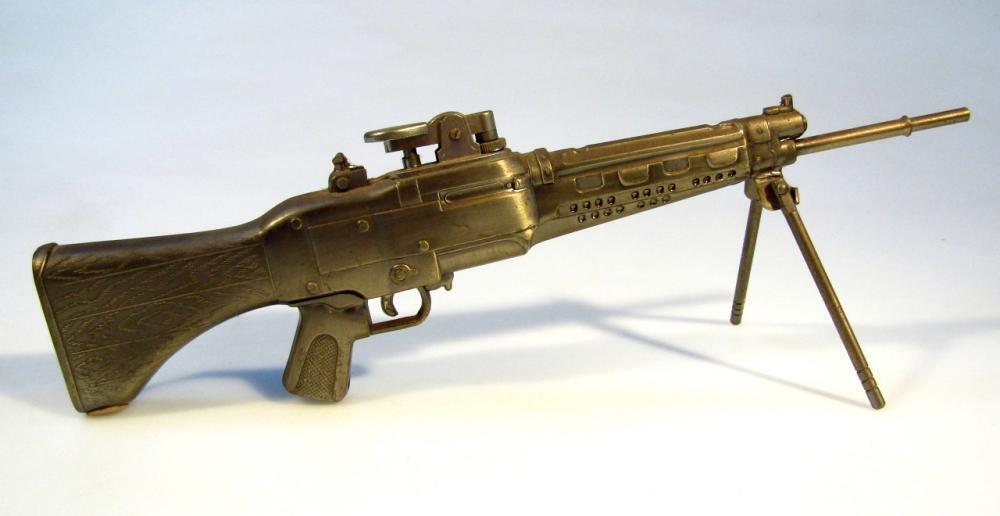 A novelty cigarette lighter formed as a machine gun
