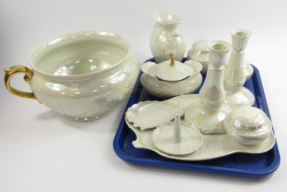 A Shelley Porcelain pearl lustre dressing table set