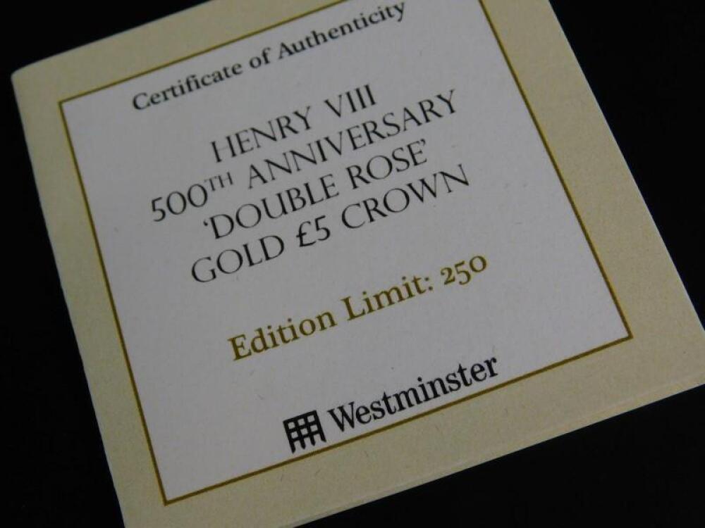 A Henry VIII 500th anniversary double rose 22ct gold £5 crown