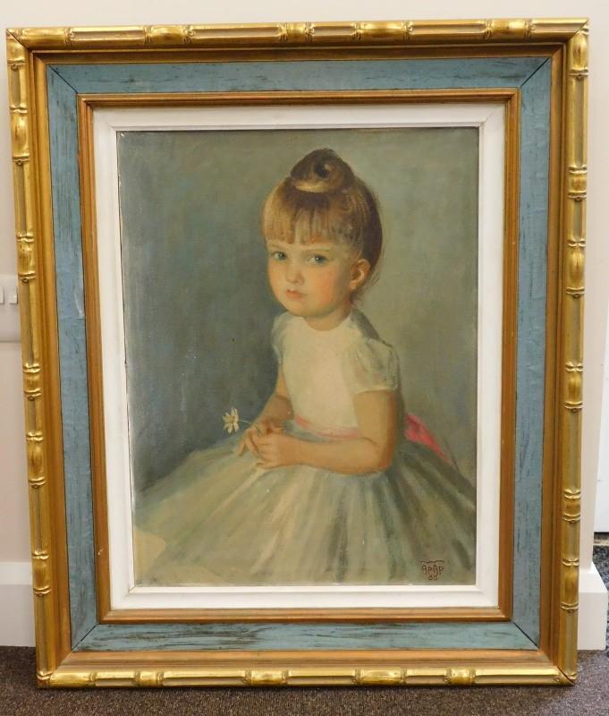 ‡William Apap (1918-1970). Portrait of a young girl holding a flower