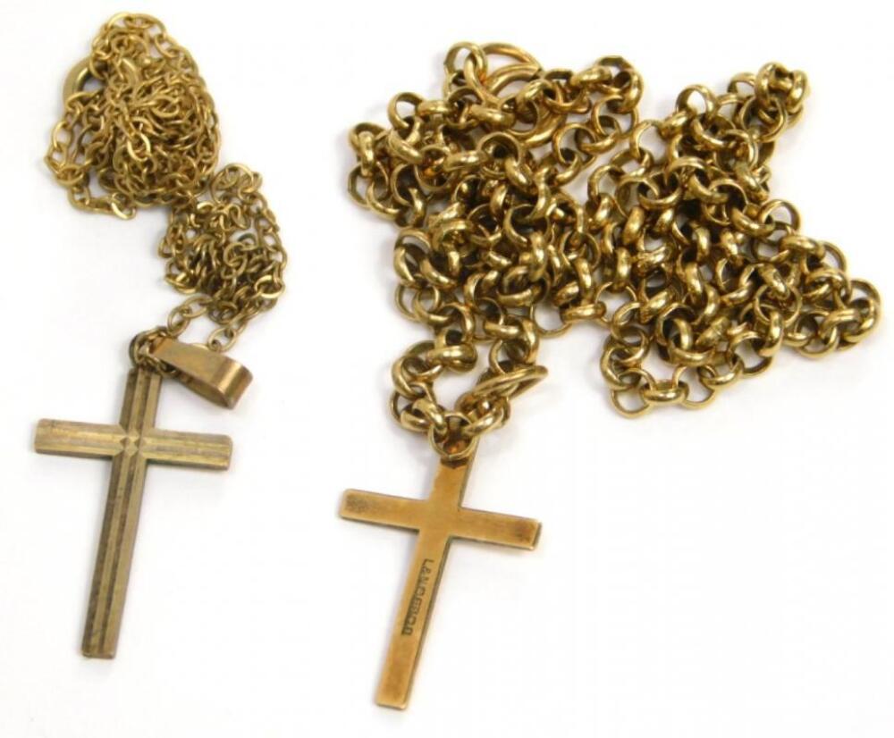 Two 9ct gold crucifixes and chains