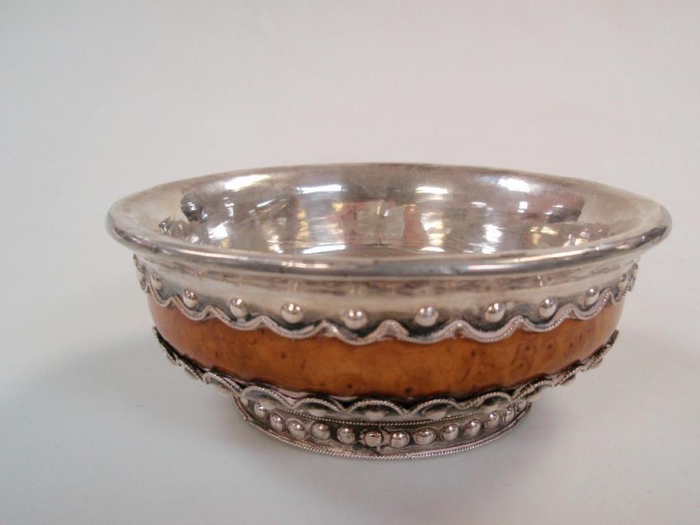 An Indian silver and burr wood shallow mazer bowl