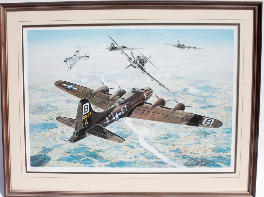 After Geoff Pleasance. American B-17 Bombers and Messerschmitt in combat