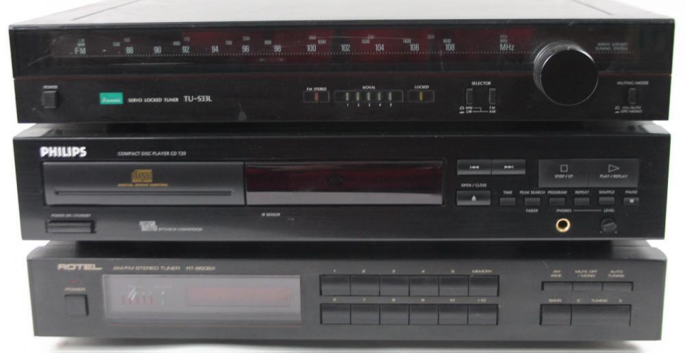 A Philips and Rotel three piece stacking system
