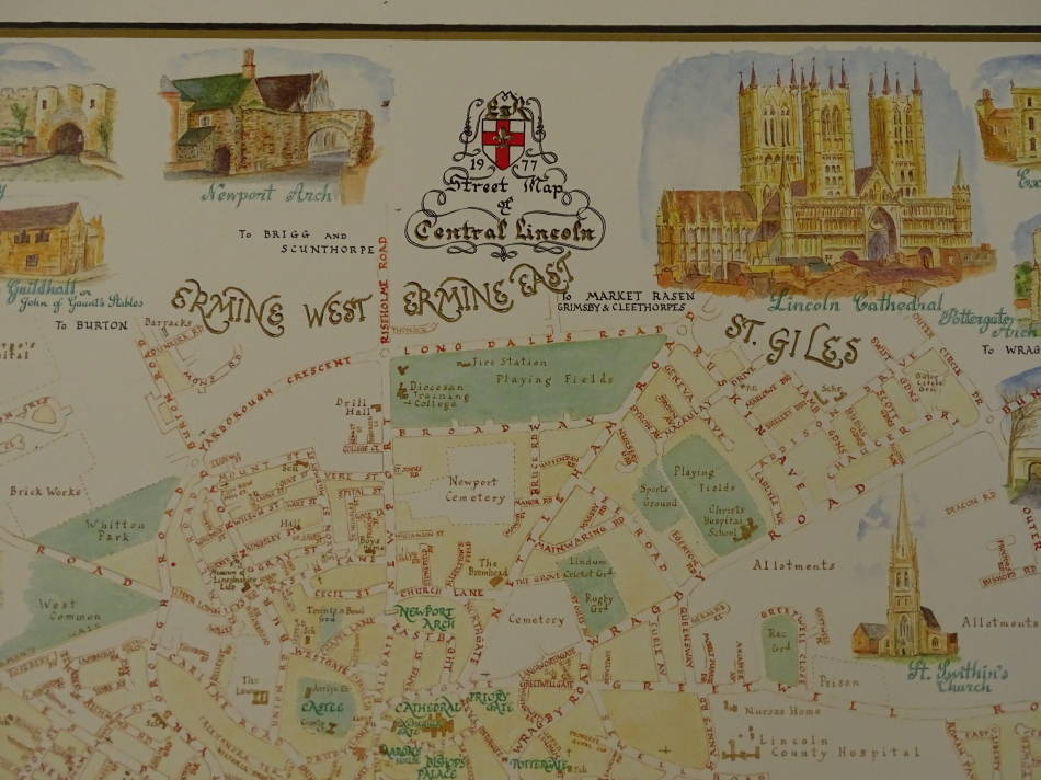 M. J. Nicklin (20thC). Central Lincoln street map, artist signed ...